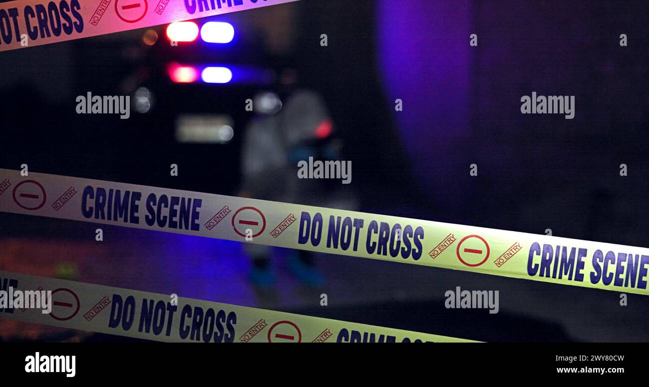 Police tape, crime scene or csi photographer with evidence of murder ...