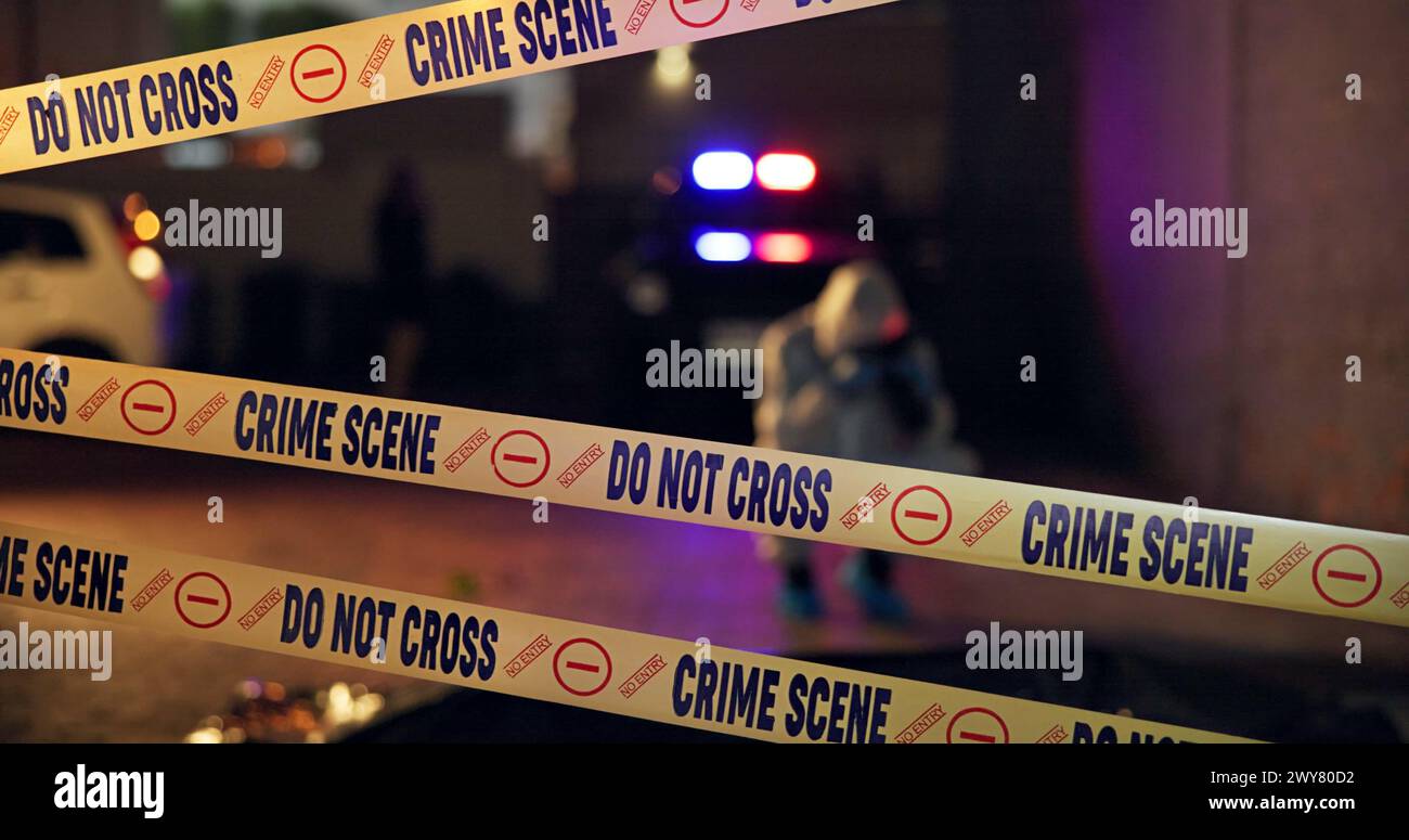 Police tape, crime scene or csi photographer with evidence of murder ...