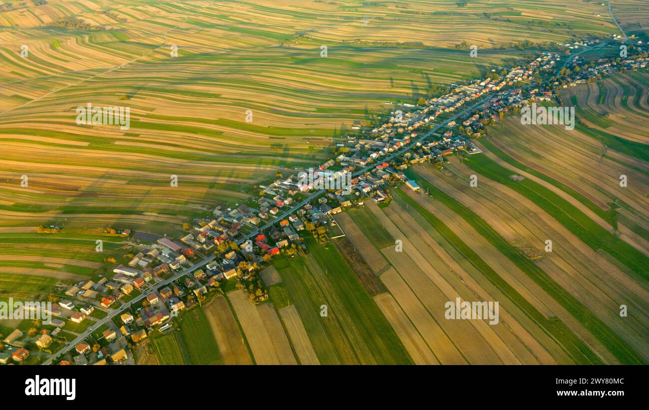 Aerial drone view of Suloszowa village along road in Krakow County ...