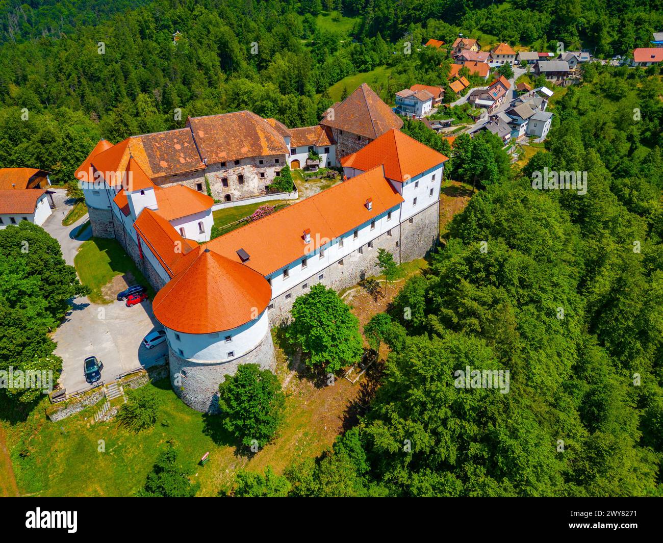Aerial view of Turjak castle in Slovenia Stock Photo - Alamy