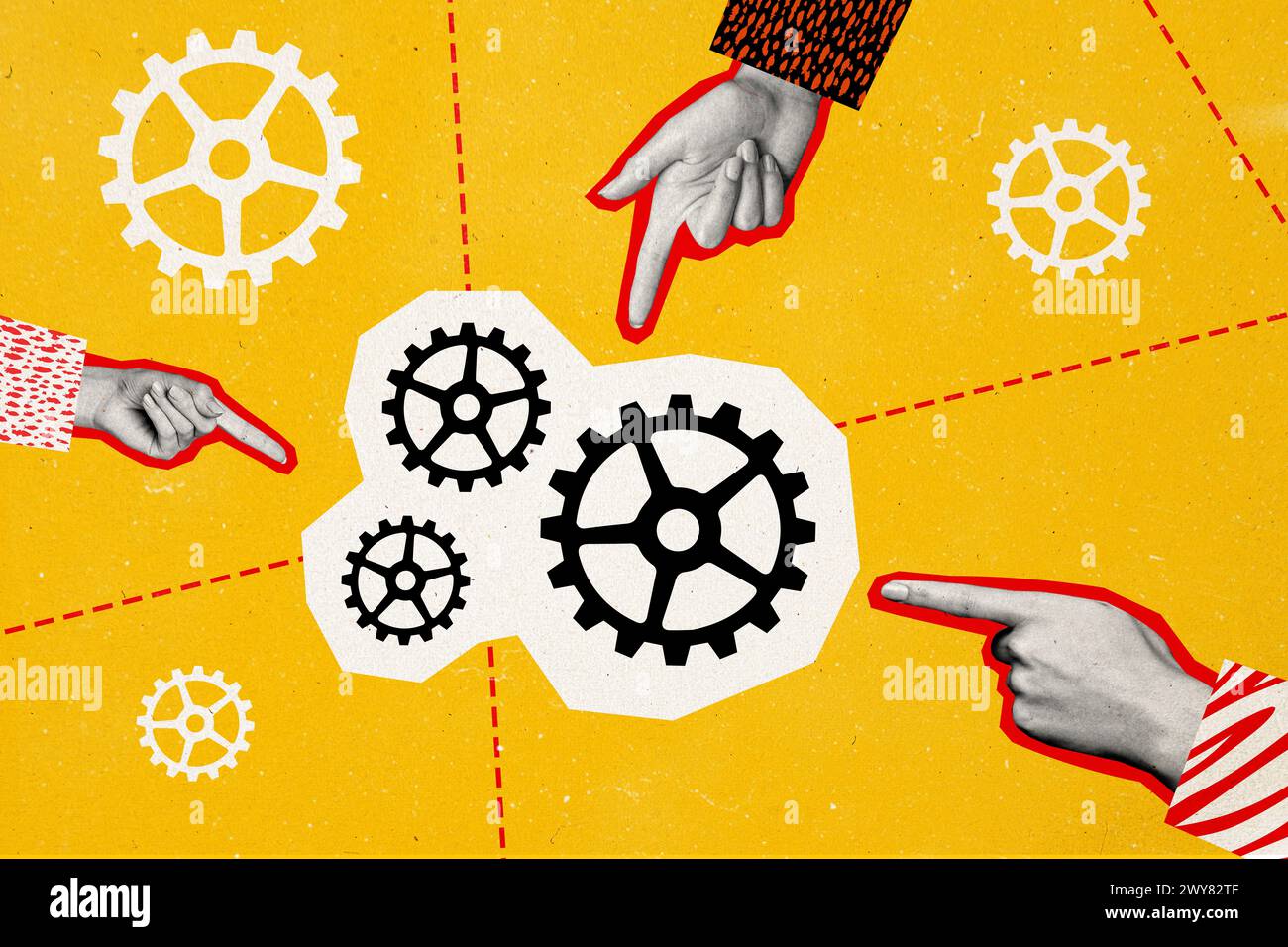 Sketch image trend artwork 3D photo collage of three hands reach out finger point touch cogwheel ...