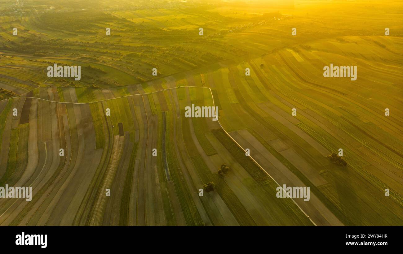 Aerial drone point of view of Suloszowa village and fields in sunlight ...