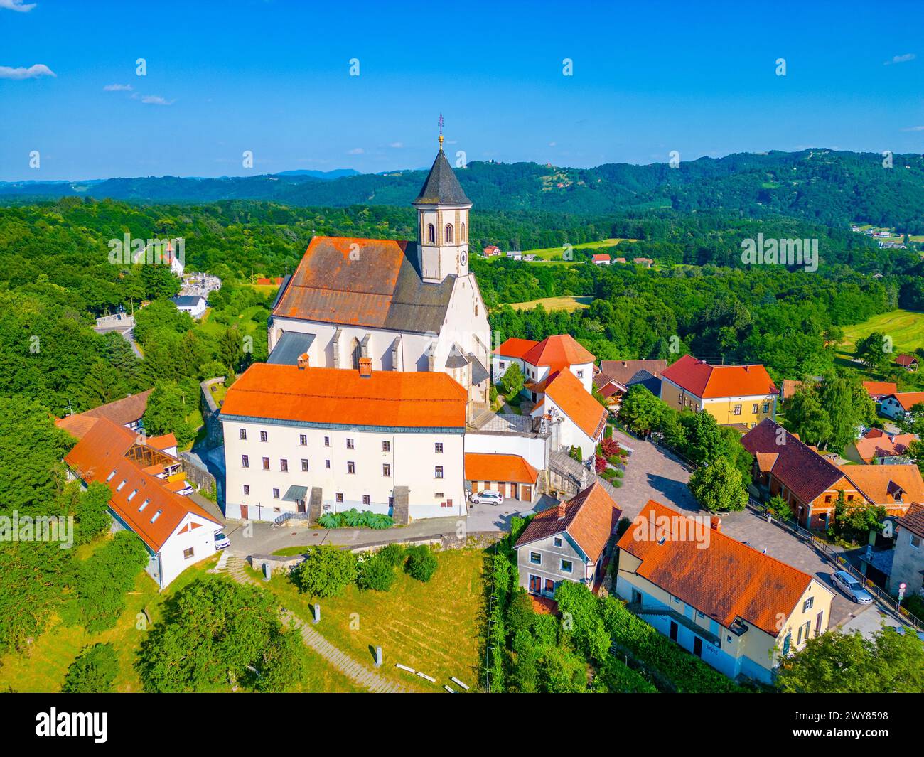 Aerial view of Basilica of the Virgin of Mercy at Ptujska Gora in ...