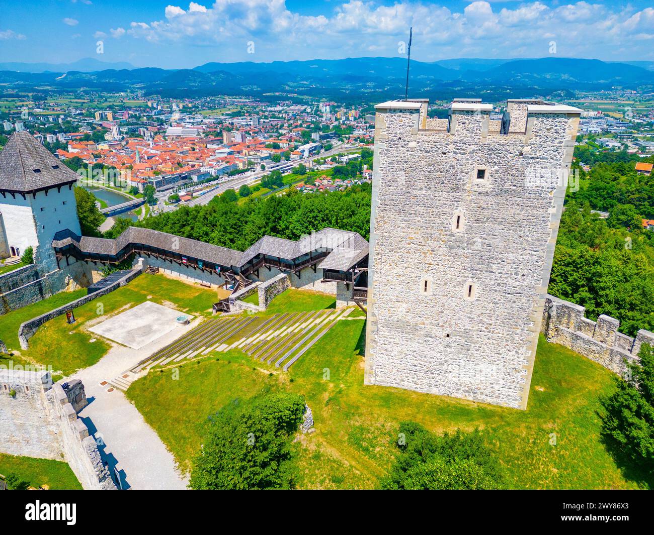 Aerial view of Celje castle and surrounding neighborhood, Slovenia ...