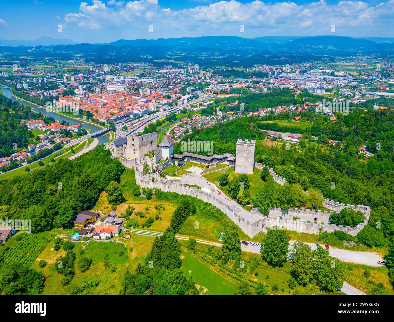Aerial view of Celje castle and surrounding neighborhood, Slovenia ...