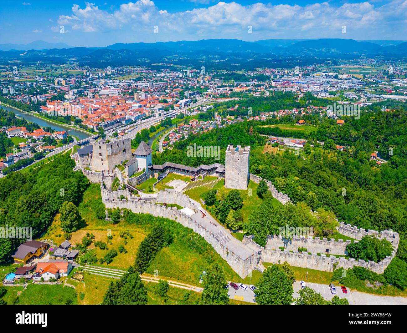Aerial view of Celje castle and surrounding neighborhood, Slovenia ...