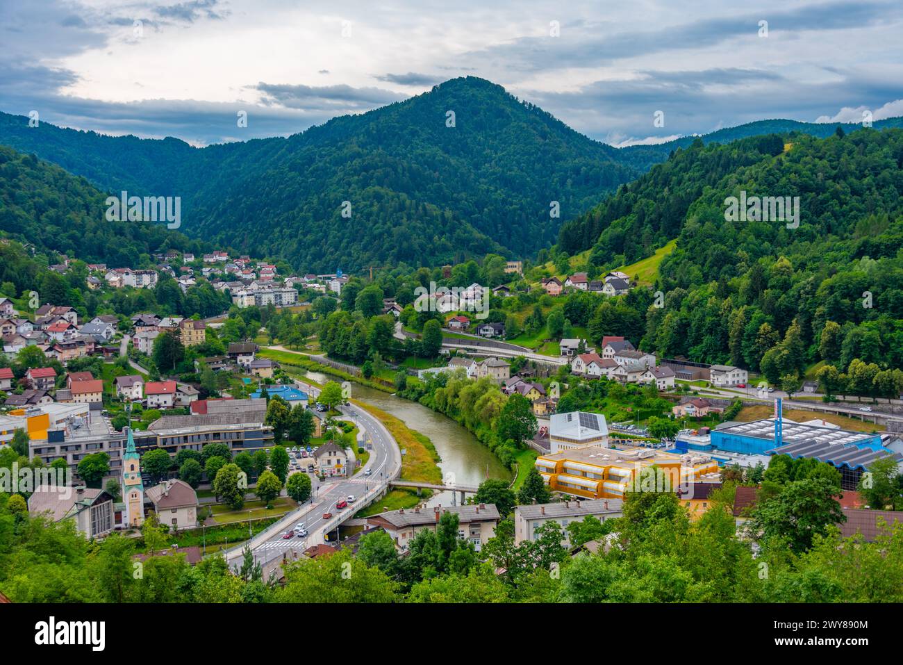 Aerial view of Slovenian town Idrija Stock Photo - Alamy