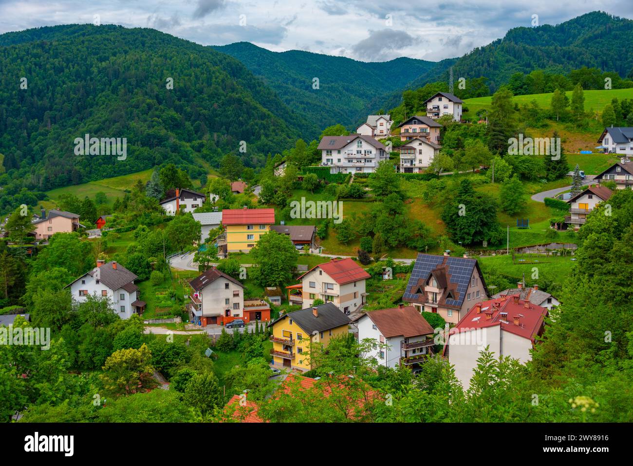Aerial view of Slovenian town Idrija Stock Photo - Alamy
