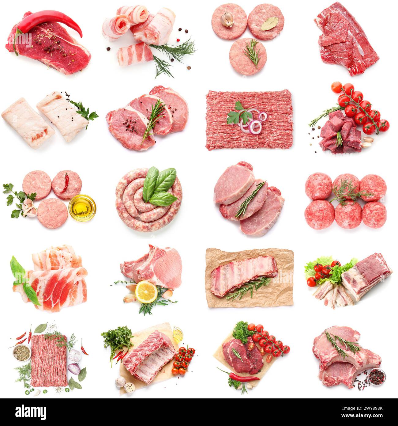 Collage of fresh meat on white background Stock Photo - Alamy