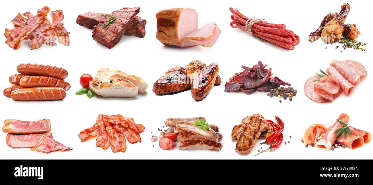 Collection of tasty meat dishes on white background Stock Photo - Alamy