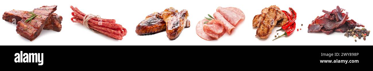Collage of tasty meat dishes on white background Stock Photo - Alamy