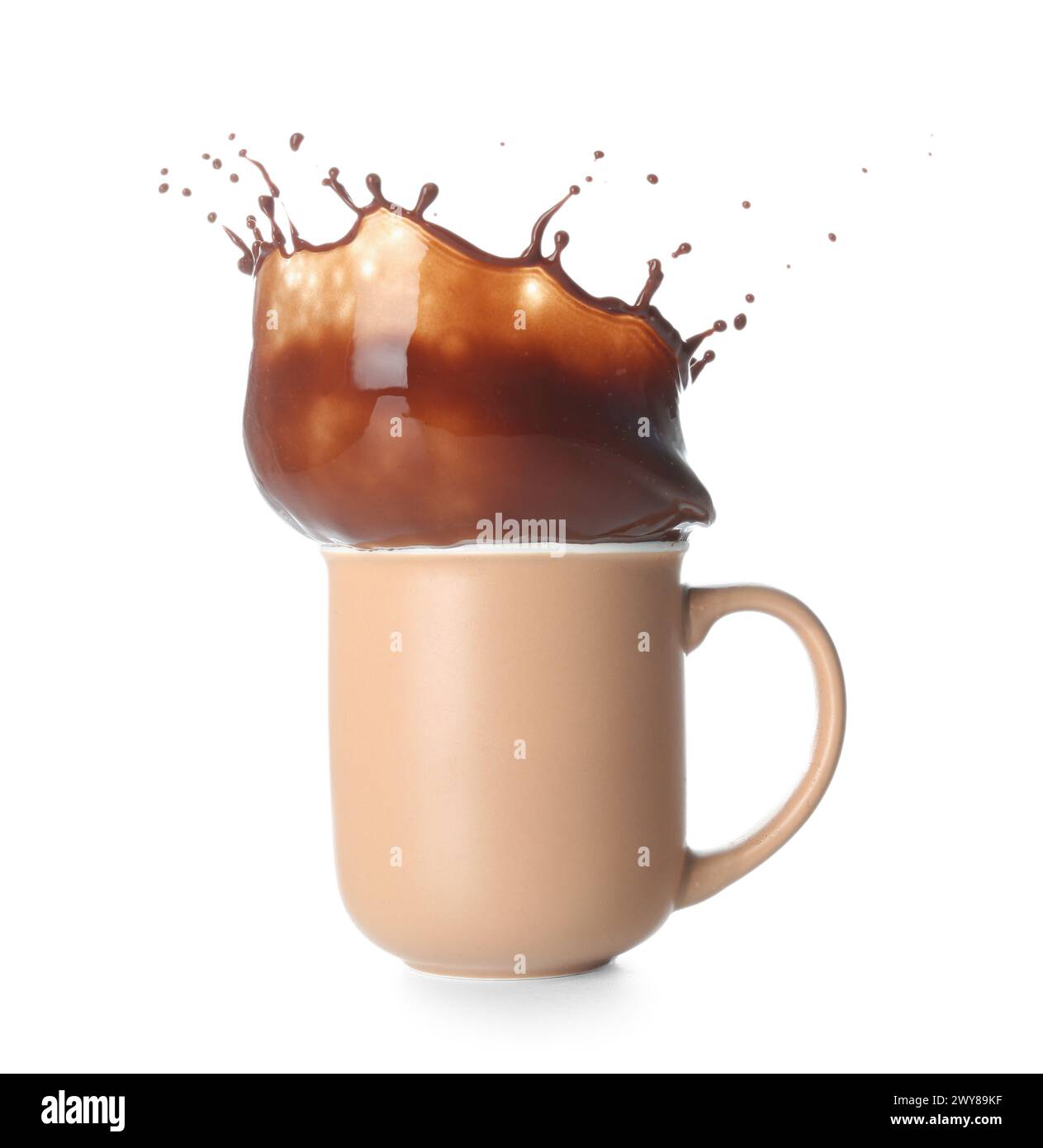 Splash of hot chocolate in cup on white background Stock Photo - Alamy