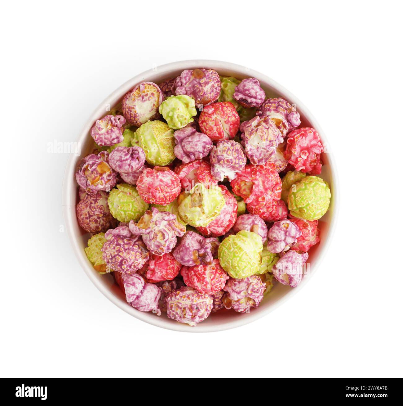 Bucket with sweet colorful popcorn on white background Stock Photo - Alamy