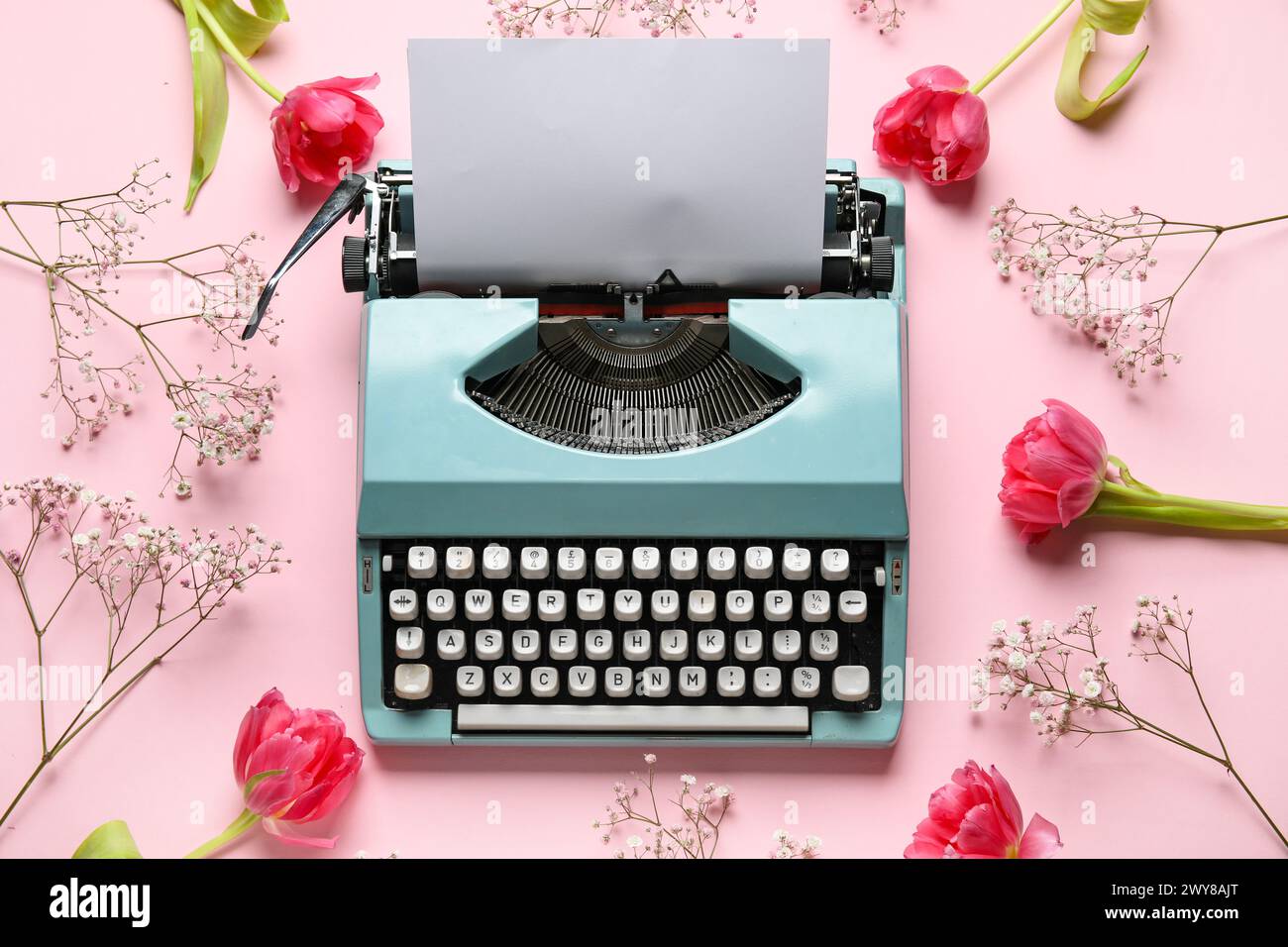 Vintage typewriter and flowers for Women's Day on pink background Stock ...