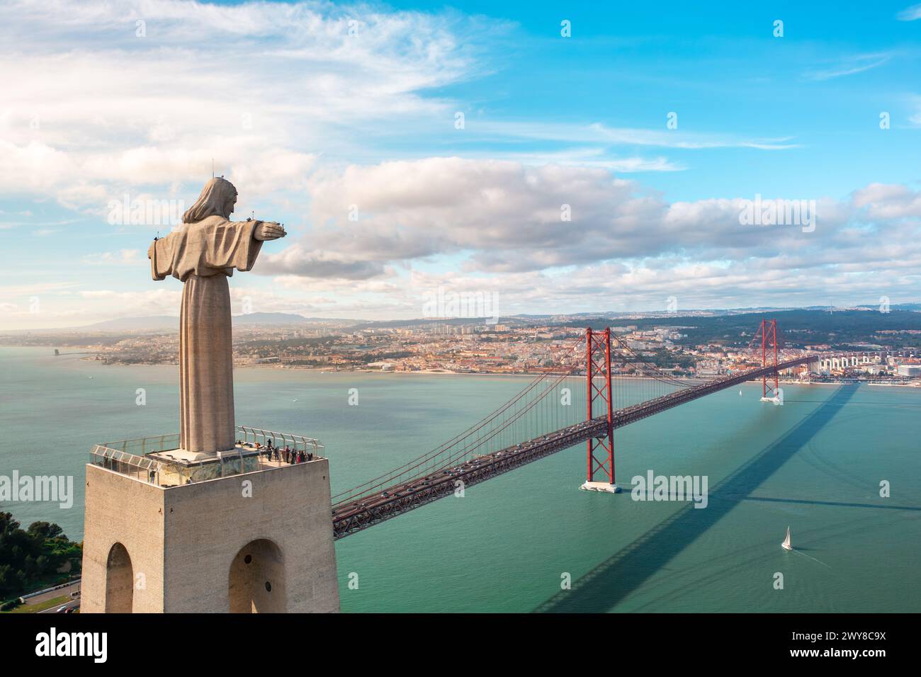 Drone flying around giant sculpture Sanctuary of Christ the King ...