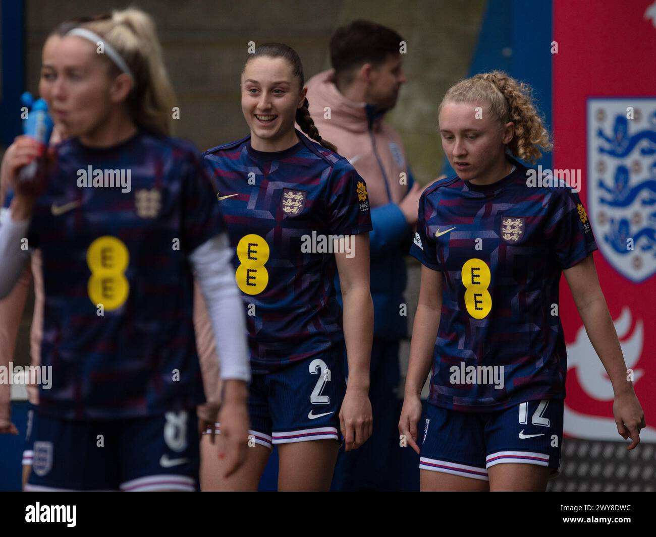 New Bucks Head, UK. 4th Apr, 2024. Ella Morris (2) for England and Katie Robinson (12) forward ...