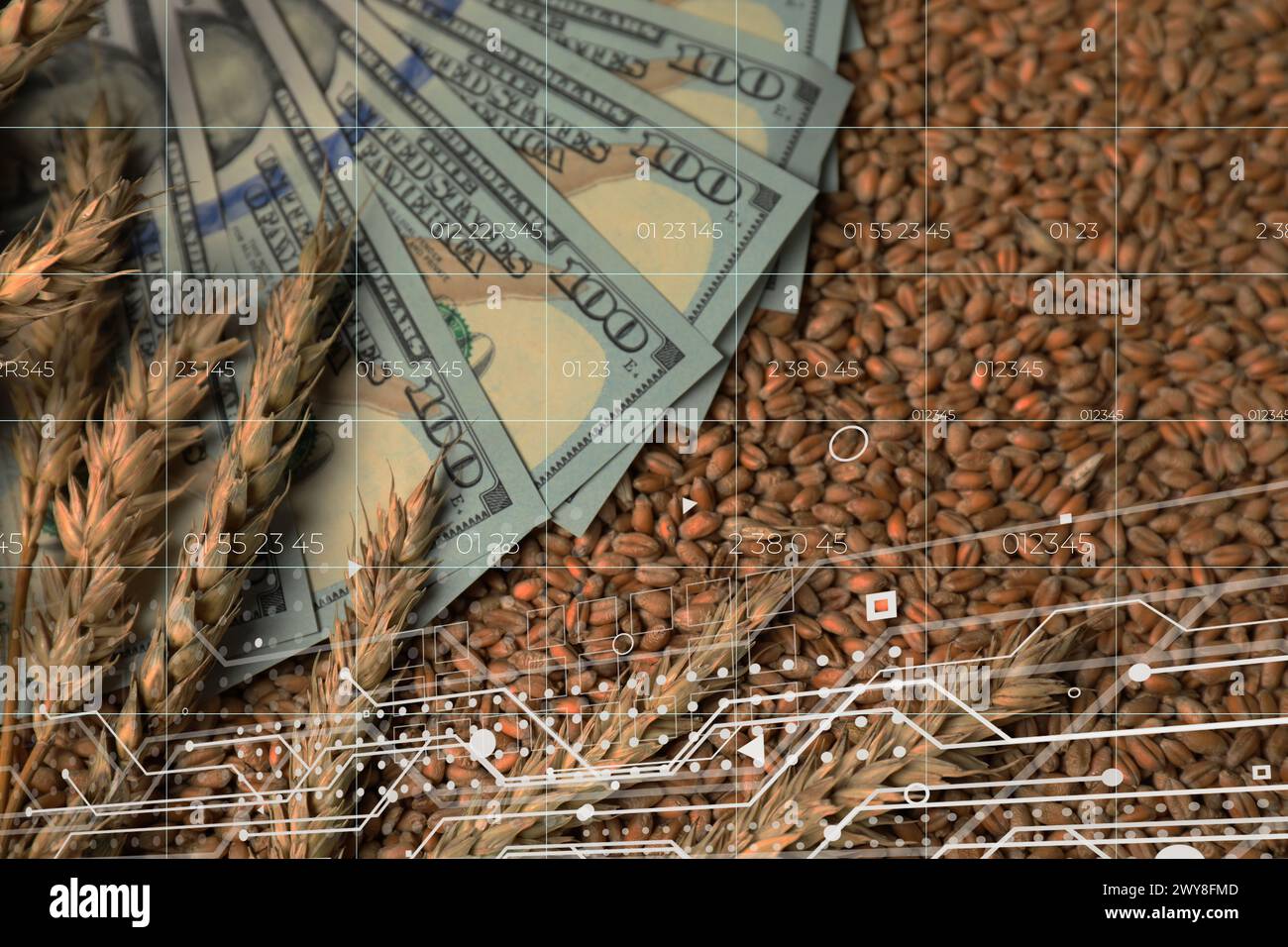 Grain prices. Ears of wheat, seeds, money and graph, double exposure ...