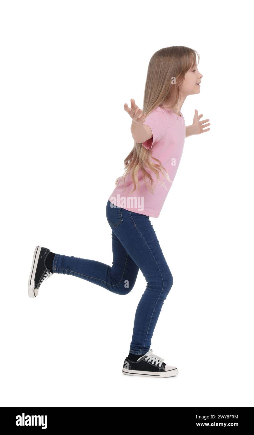 Full length portrait of cute girl running on white background Stock ...