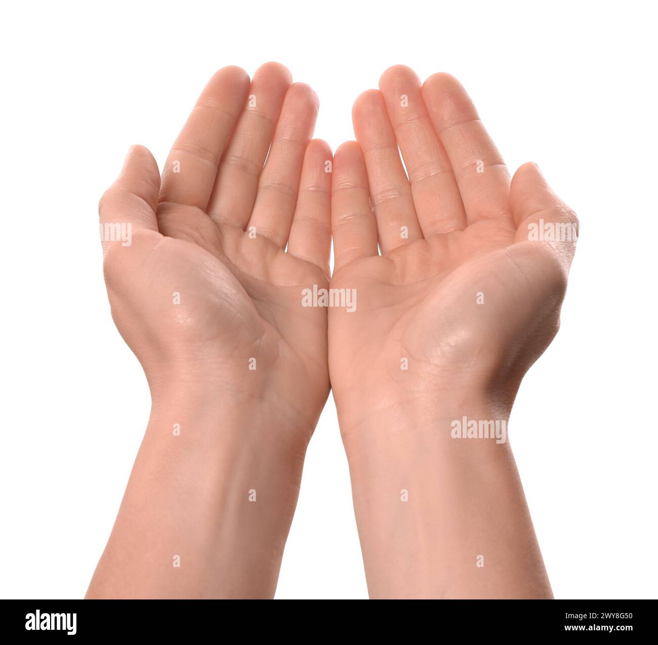 Religion. Woman with open palms praying on white background, closeup ...