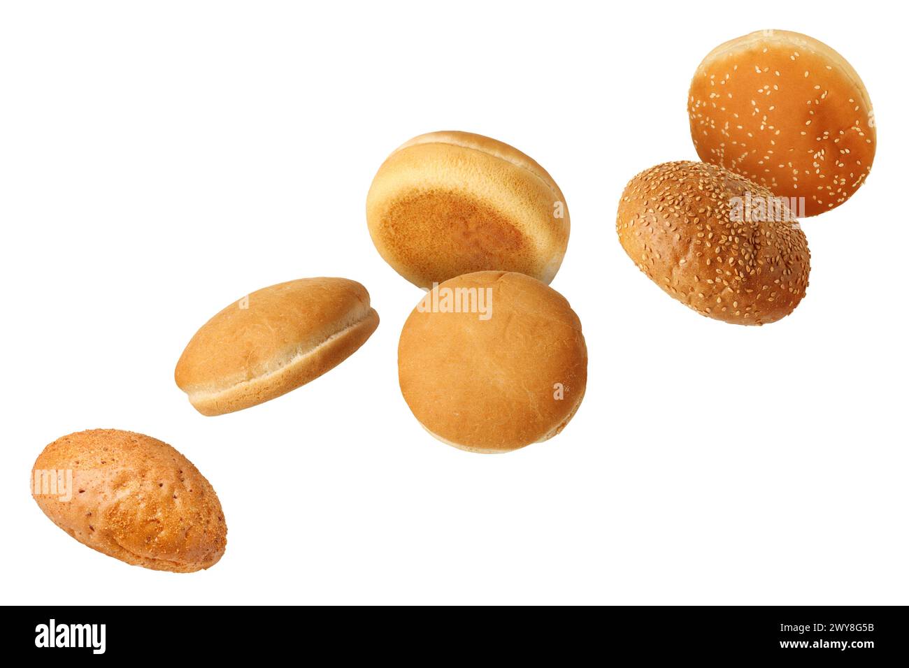 Fresh burger buns falling on white background Stock Photo - Alamy