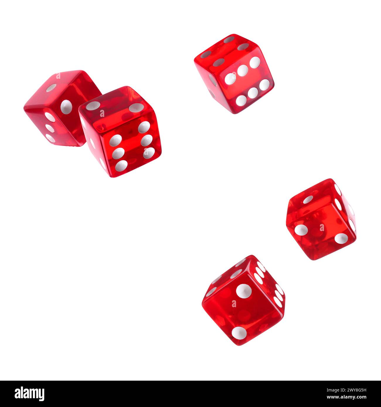 Five red dice in air on white background Stock Photo - Alamy