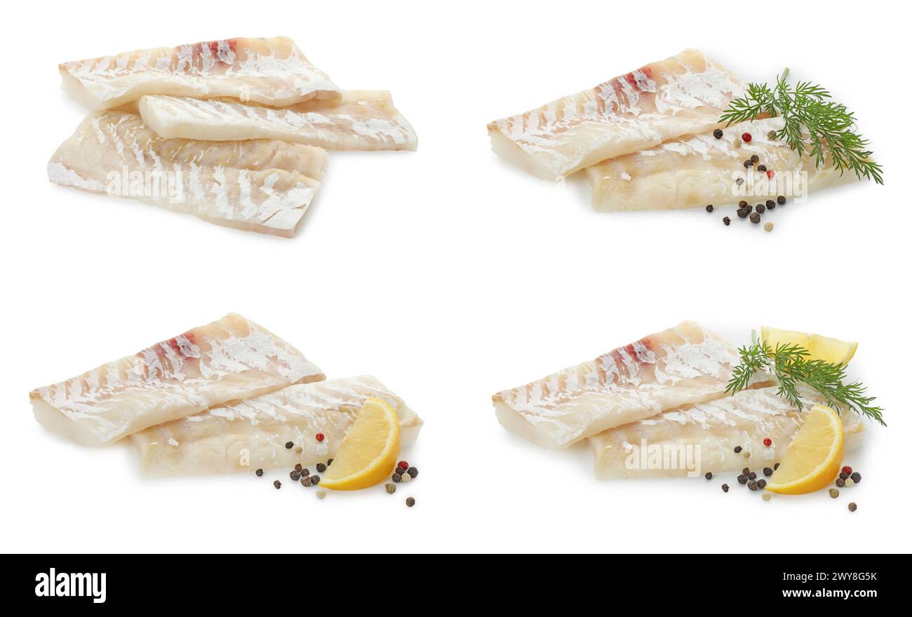 Pieces of raw cod fish isolated on white, set Stock Photo - Alamy