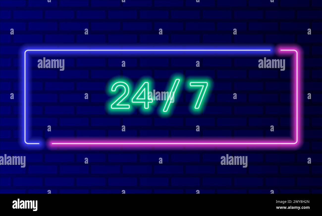Neon sign 24 hours open in speech bubble frame on brick wall background ...