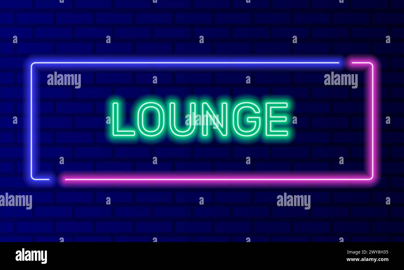 Neon sign lounge in speech bubble frame on brick wall background vector ...
