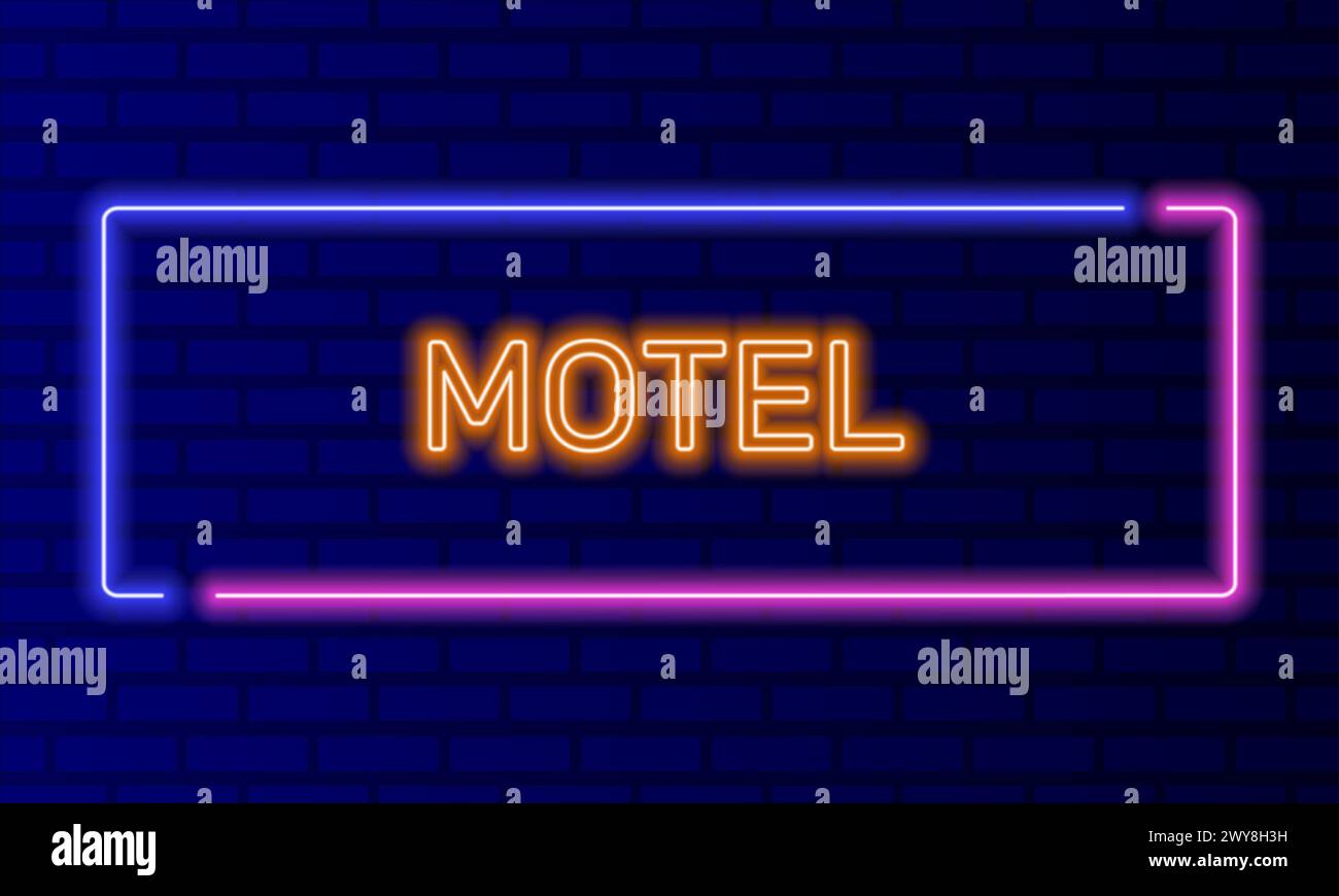 Neon sign motel in speech bubble frame on brick wall background vector ...