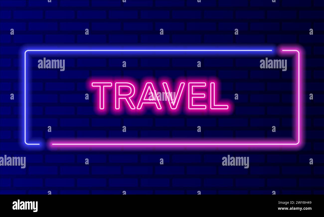 Neon sign travel in speech bubble frame on brick wall background vector ...