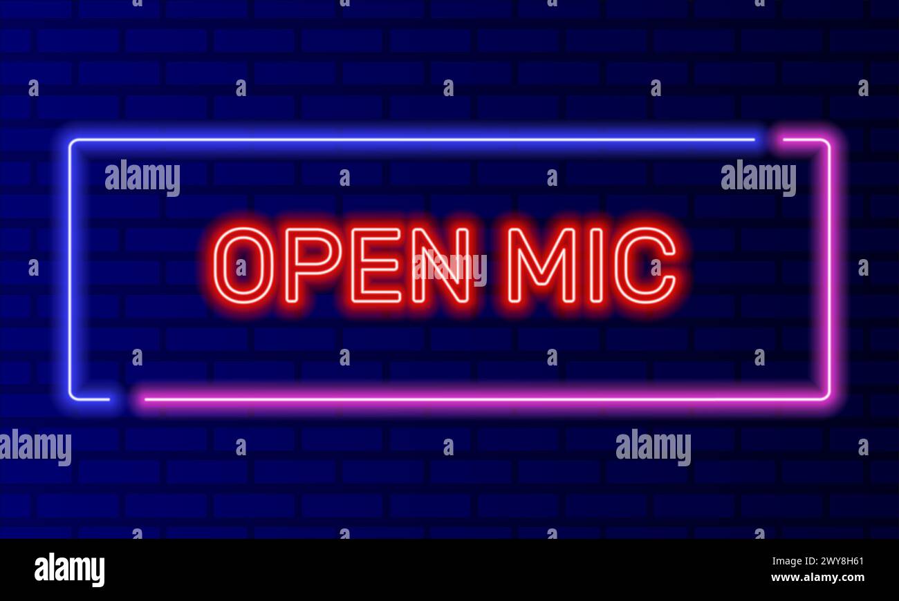 Neon sign open mic in speech bubble frame on brick wall background ...