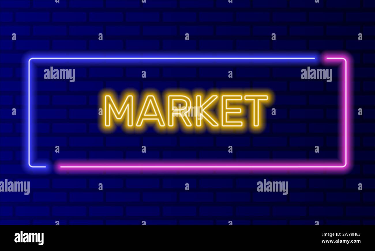 Neon sign market in speech bubble frame on brick wall background vector ...