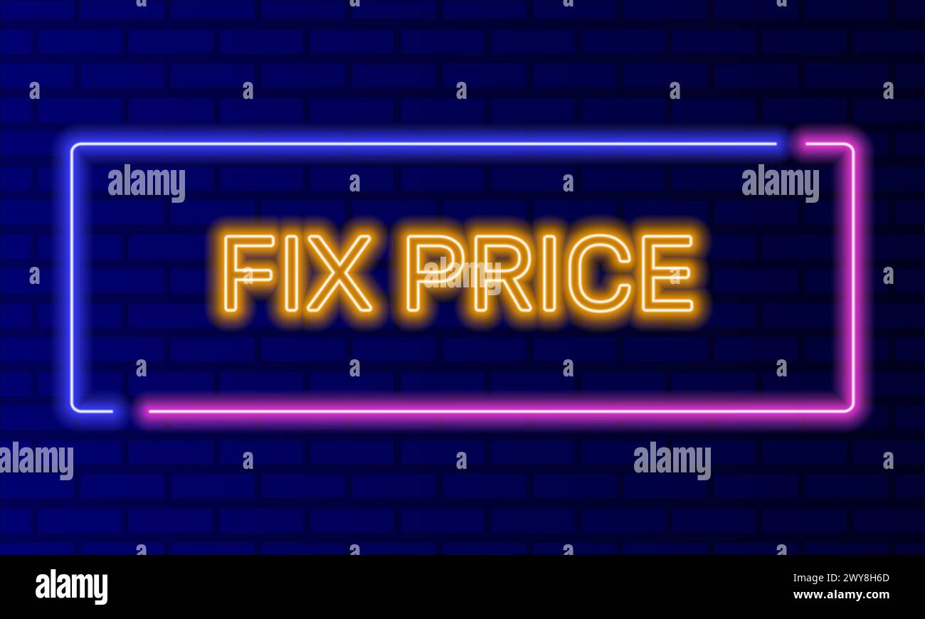 Neon sign fix price in speech bubble frame on brick wall background vector. Light banner on the ...