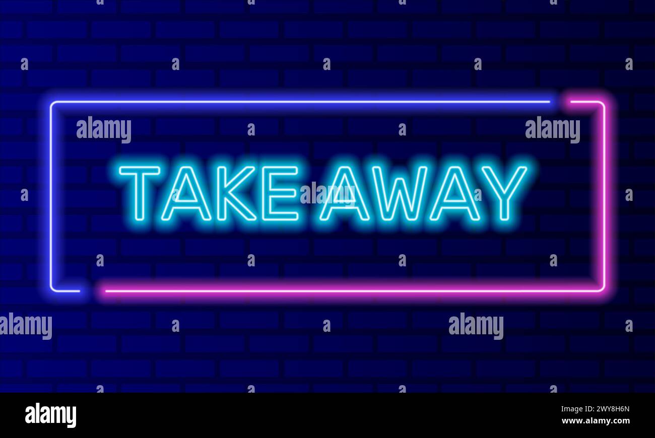 Neon sign take away in speech bubble frame on brick wall background ...