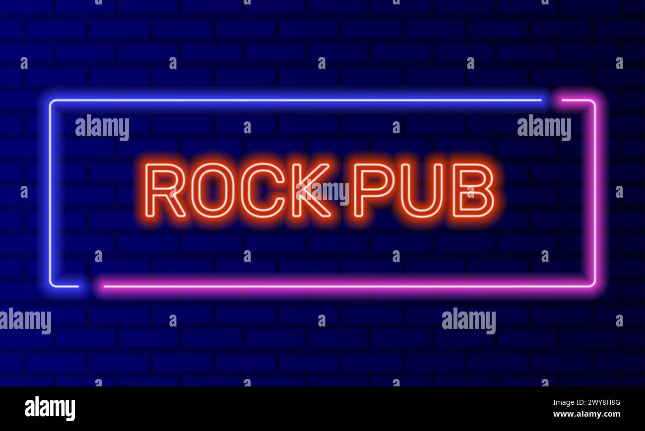 Neon sign rock pub in speech bubble frame on brick wall background ...