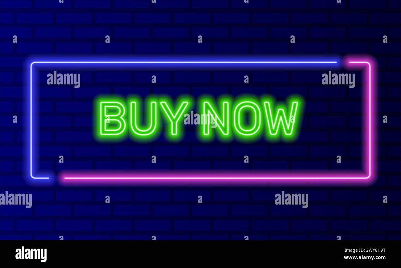 Neon sign buy now in speech bubble frame on brick wall background ...