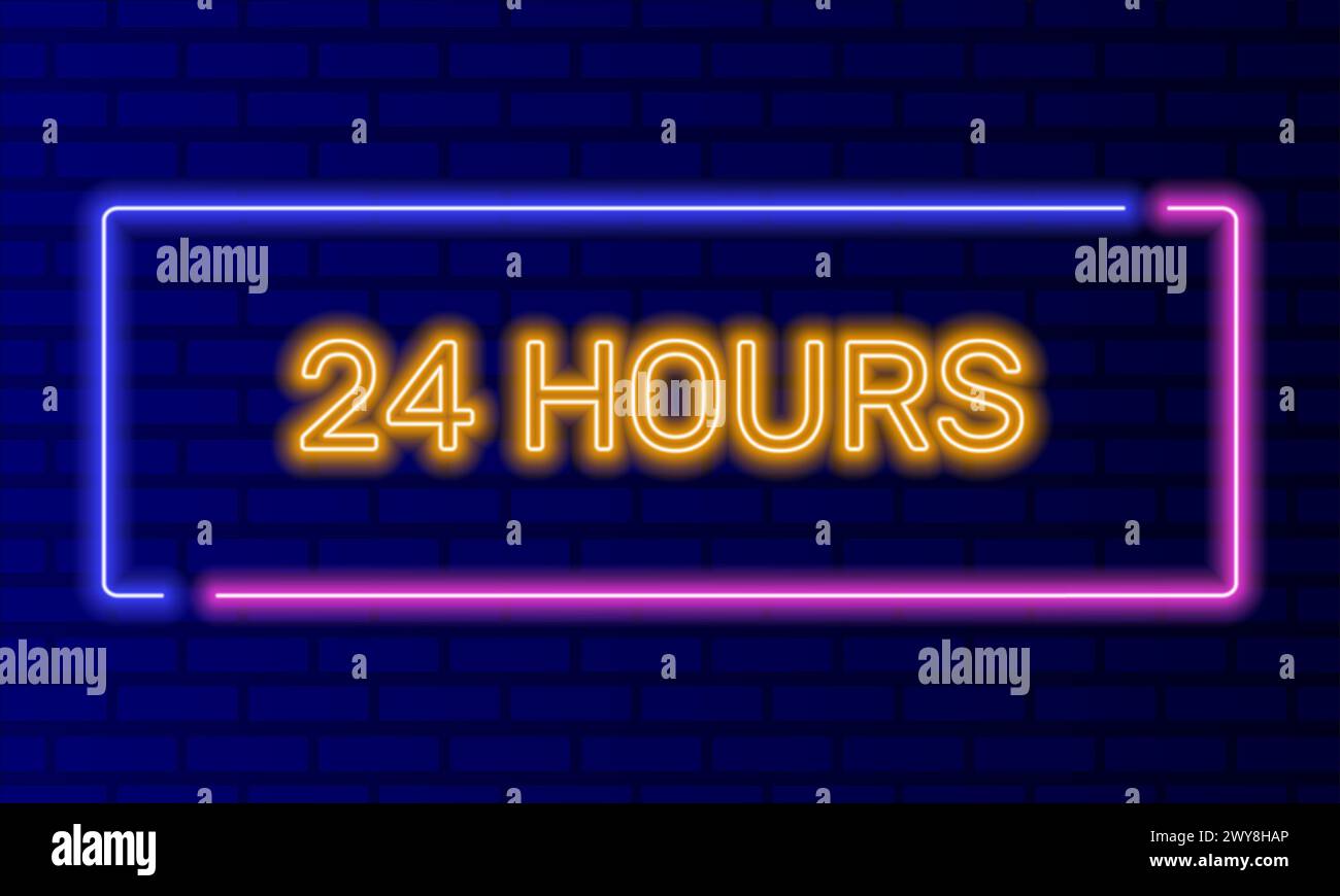 Neon sign 24 hours open in speech bubble frame on brick wall background ...