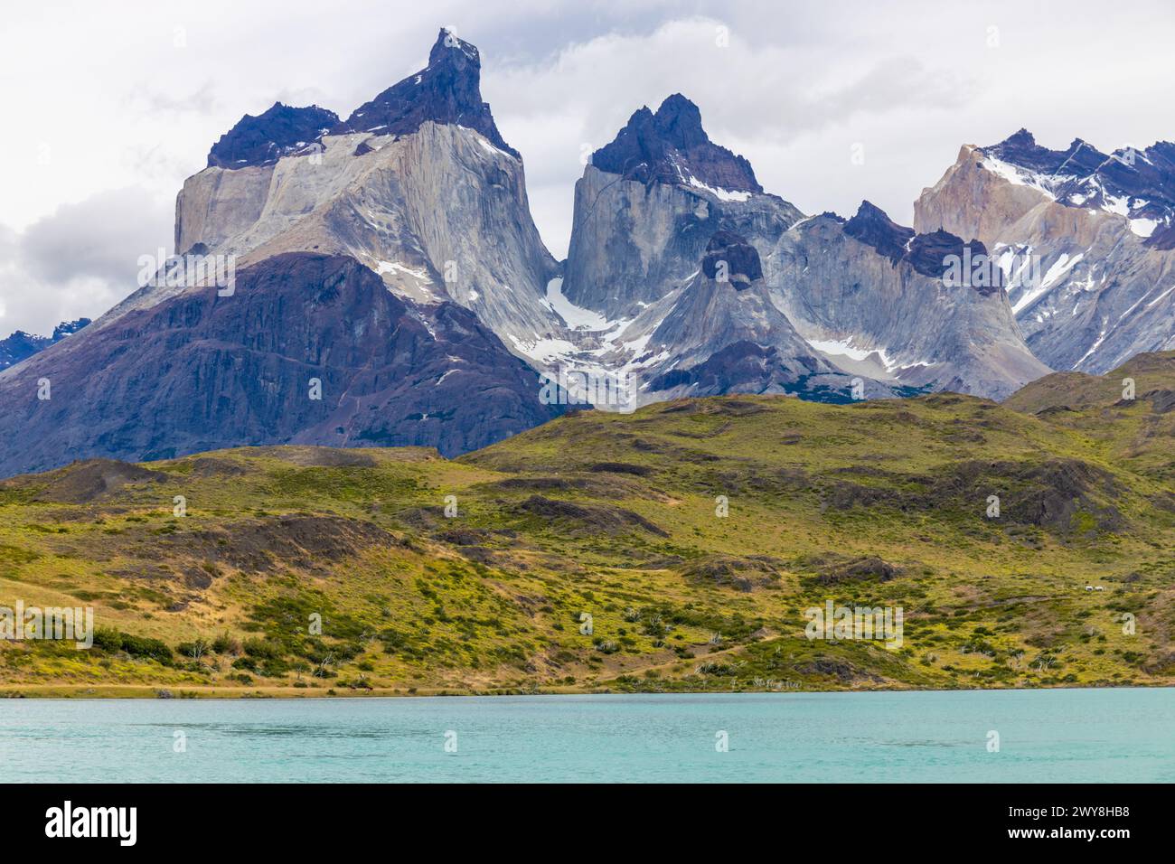 Los Cuernos mountains in Torres del Paine lookout. Beautiful view point ...