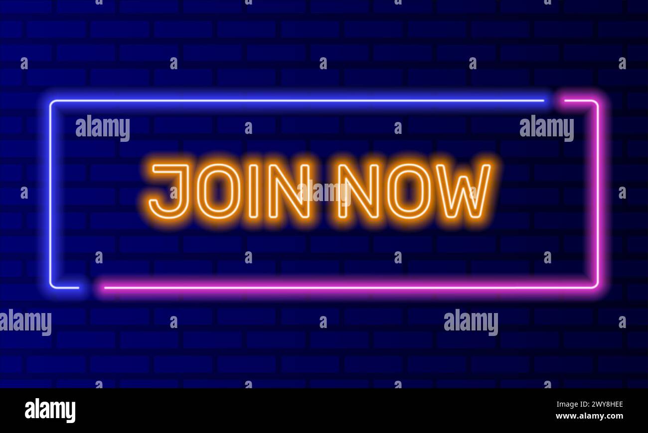 Neon sign join now in speech bubble frame on brick wall background ...