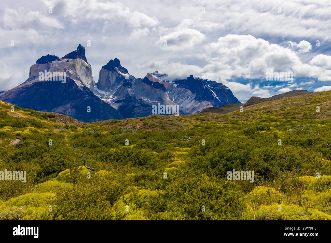 Los Cuernos mountains in Torres del Paine lookout. Beautiful view point ...