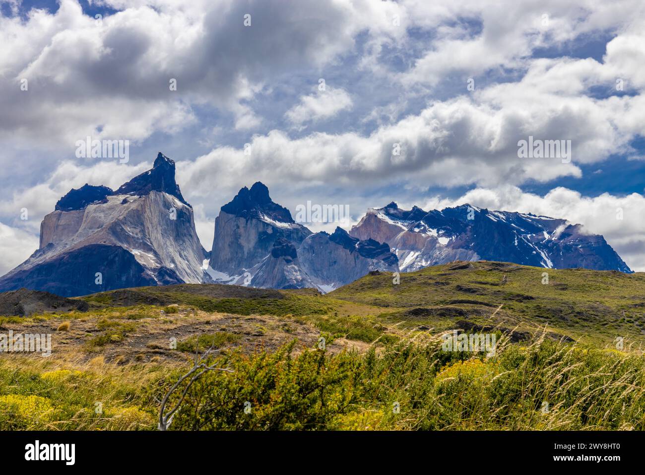 Los Cuernos mountains in Torres del Paine lookout. Beautiful view point ...