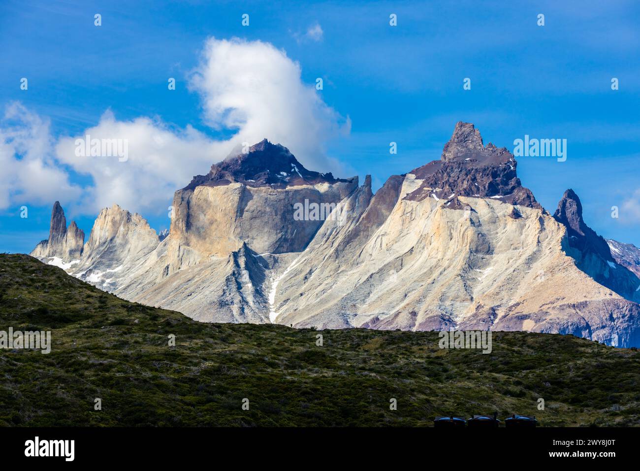 Los Cuernos mountains in Torres del Paine lookout. Beautiful view point ...