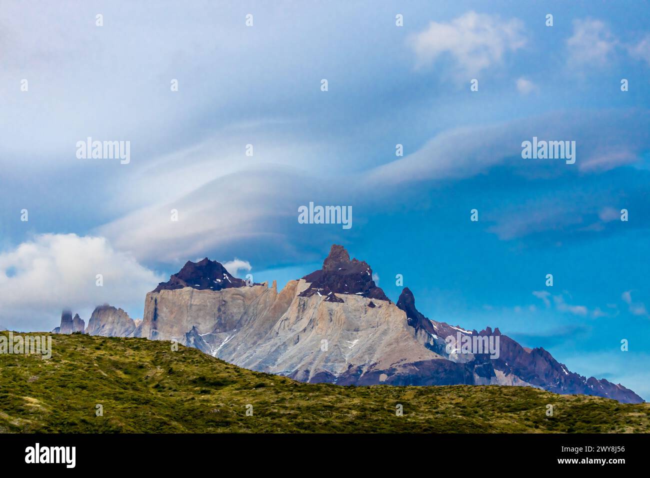 Los Cuernos mountains in Torres del Paine lookout. Beautiful view point ...