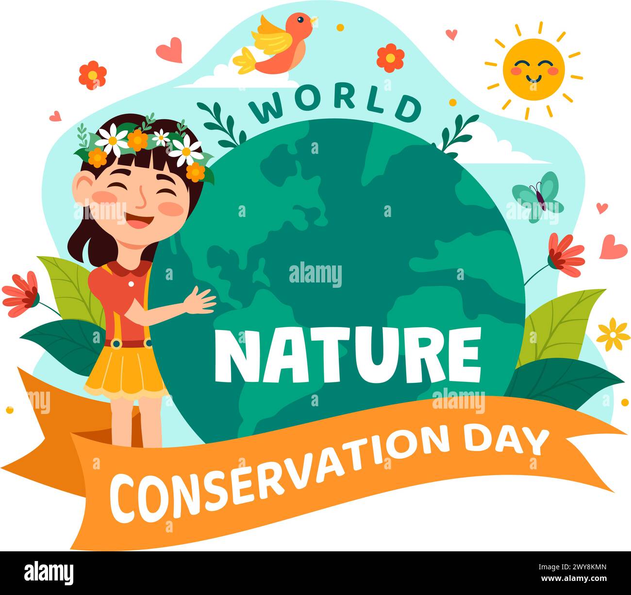 World Nature Conservation Day Vector Illustration with World Map, Tree ...