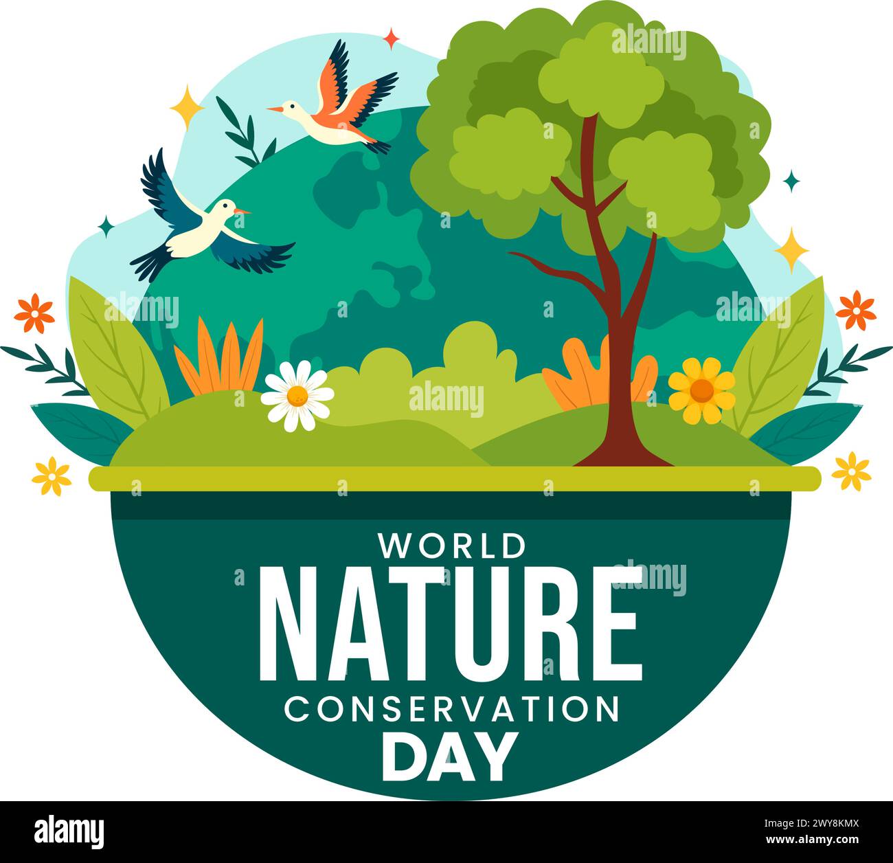 World Nature Conservation Day Vector Illustration with World Map, Tree ...
