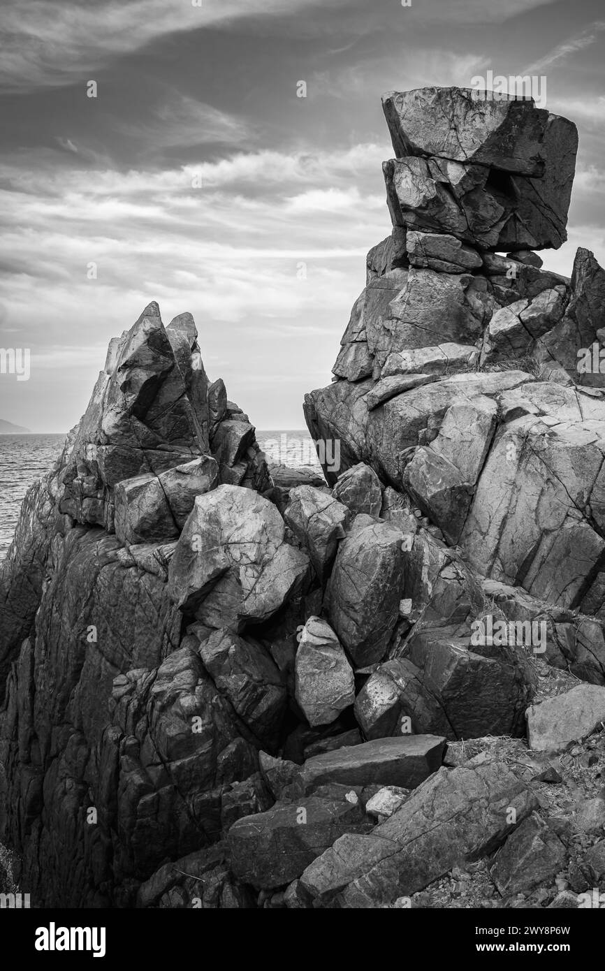 Coastline in Nha Trang Vietnam with rocky shore. Cliff and sea, rocky ...