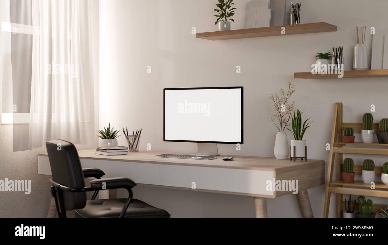 A contemporary, minimalist white home office with a computer mockup on ...