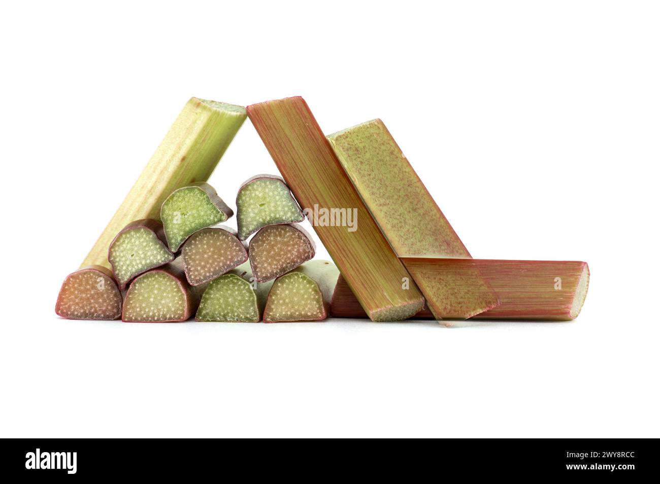 Variety of rhubarb stalks of varying colors from pale green to deep red ...