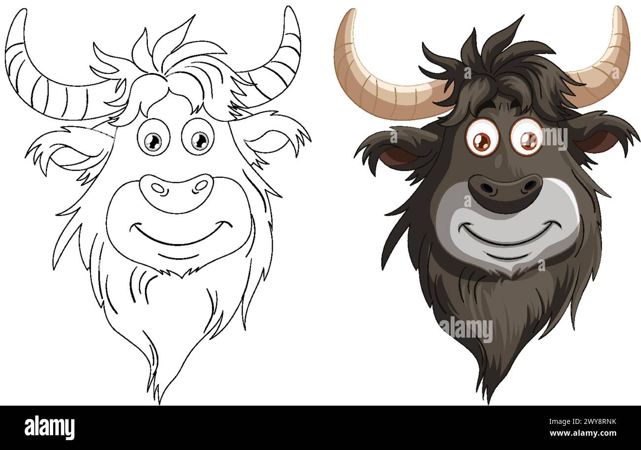 Vector illustration of two stylized yaks, one colored Stock Vector ...