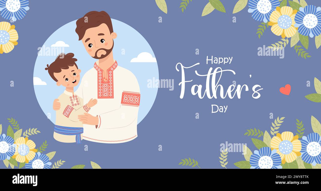 Happy Father's Day banner. Ukrainian man dad with son in traditional ...